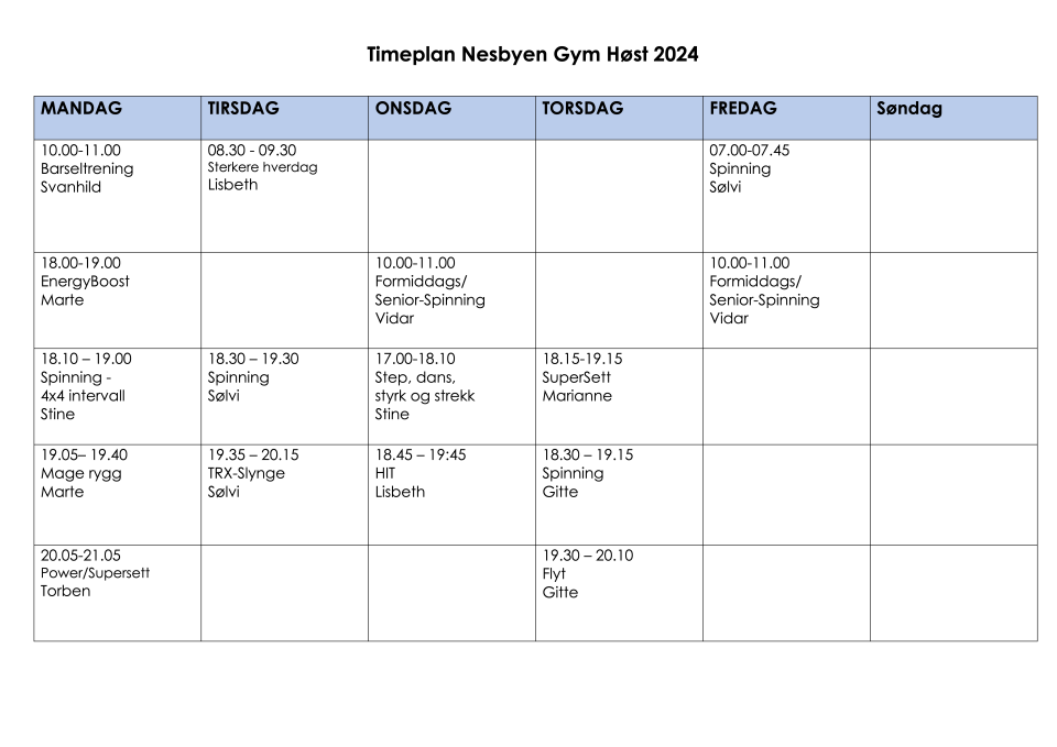 Timeplan – Nesbyen Gym